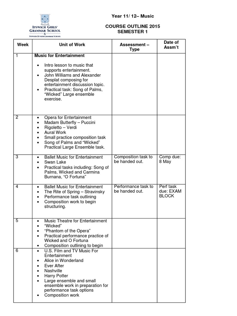 Year 11/12 Music Course Outline 2015 | PDF | Art