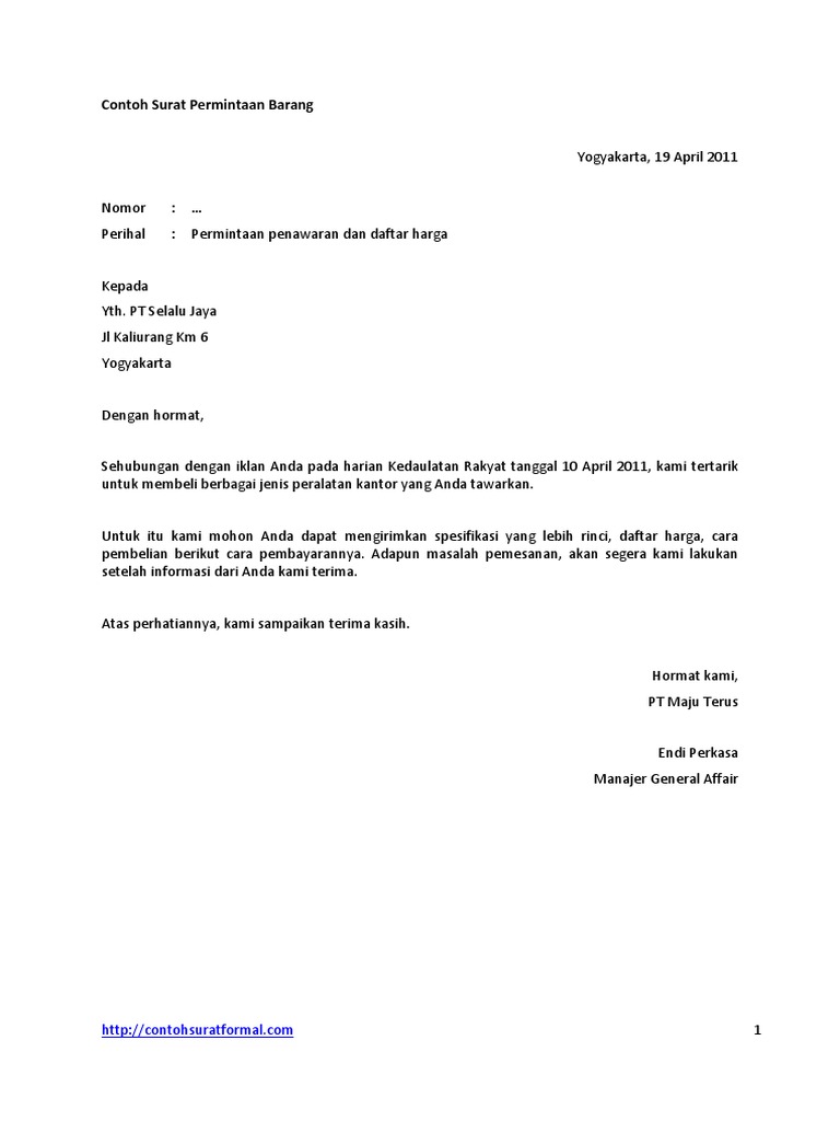 Contoh Surat Permintaan Barang | PDF