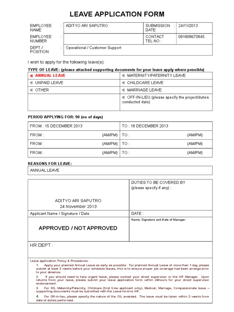 FF Leave Application Form Adityo Annual 15-18 Dec 13 | PDF