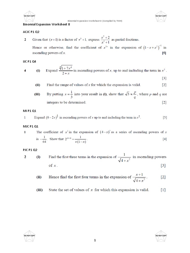 Binomial Expansion Worksheet 8 PDF | PDF