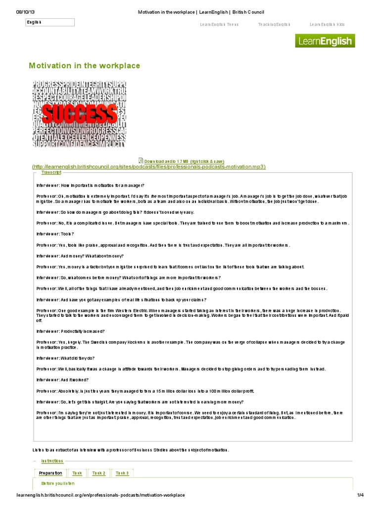 Motivation in The Workplace - LearnEnglish - British Council | PDF ...