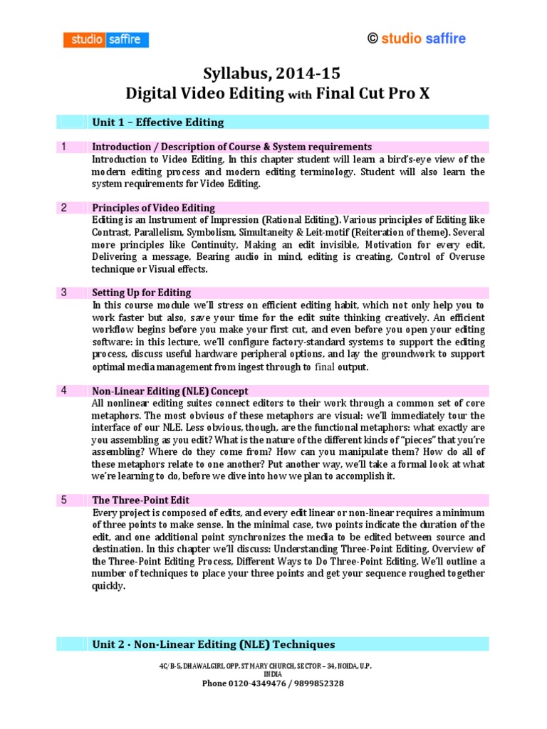 Syllabus, 2014 15 Digital Video Editing Final Cut Pro X: With Unit 1 ...