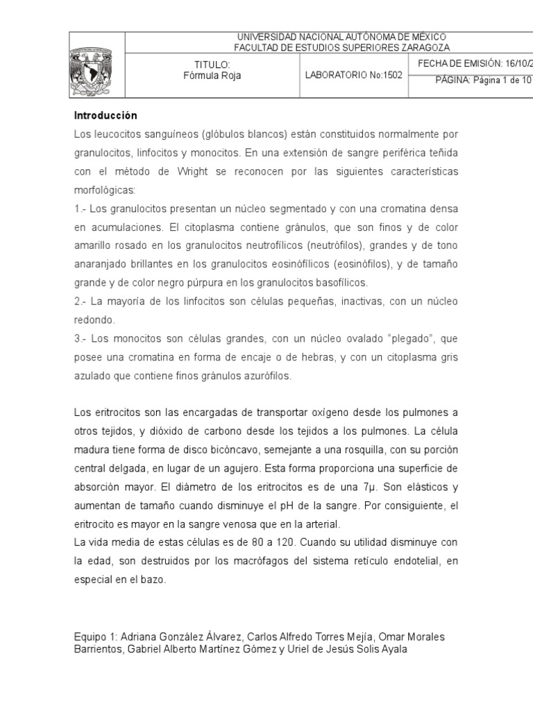 Practica de Formula Roja | PDF | Glóbulo rojo | Sangre