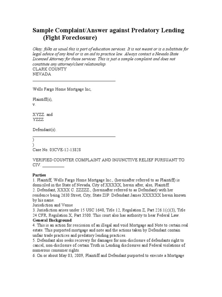 Sample Complaint For Pleadings Foreclsoure | PDF