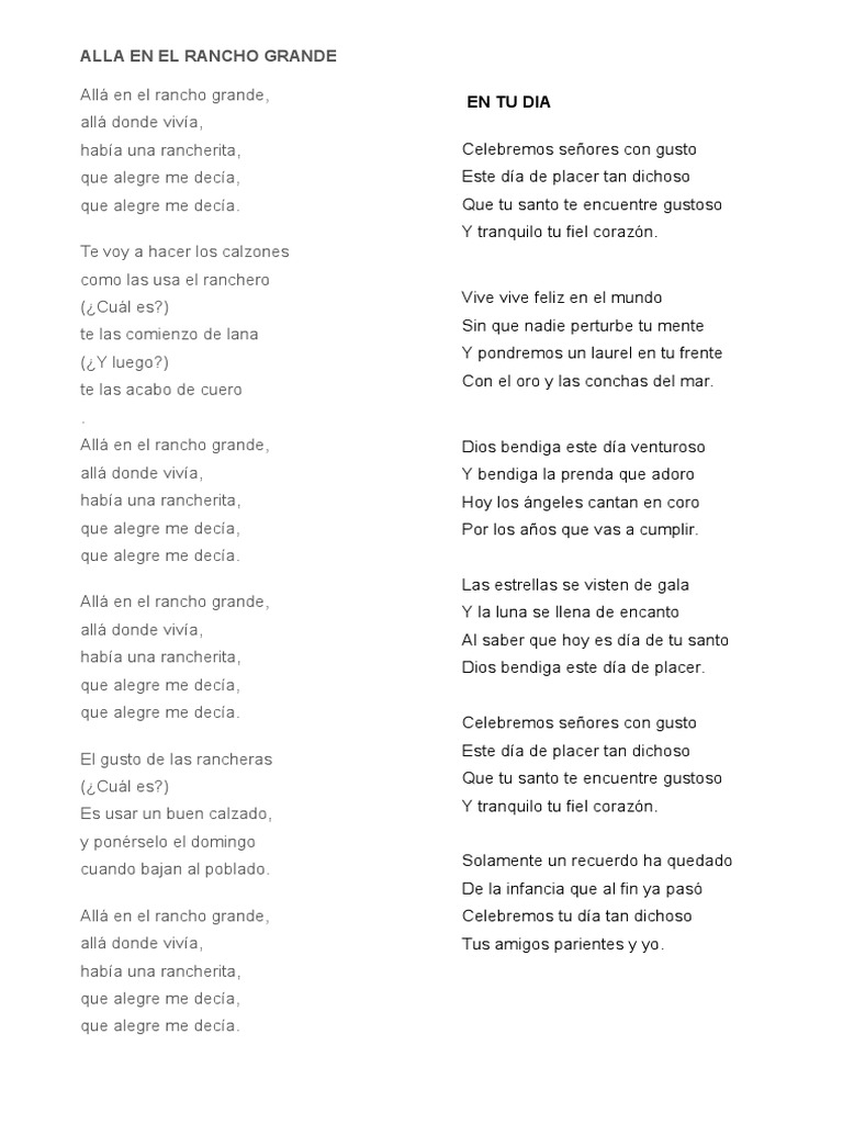 Letra de "Allá en el Rancho Grande" | PDF
