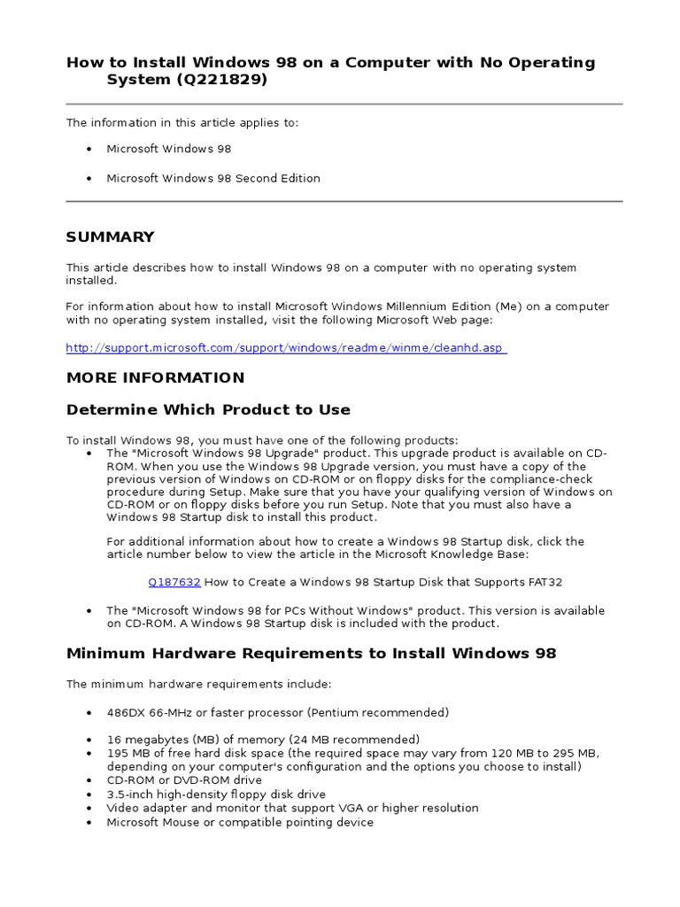 Installing Windows 98: Step-by-Step Guide | PDF | File System | Dos