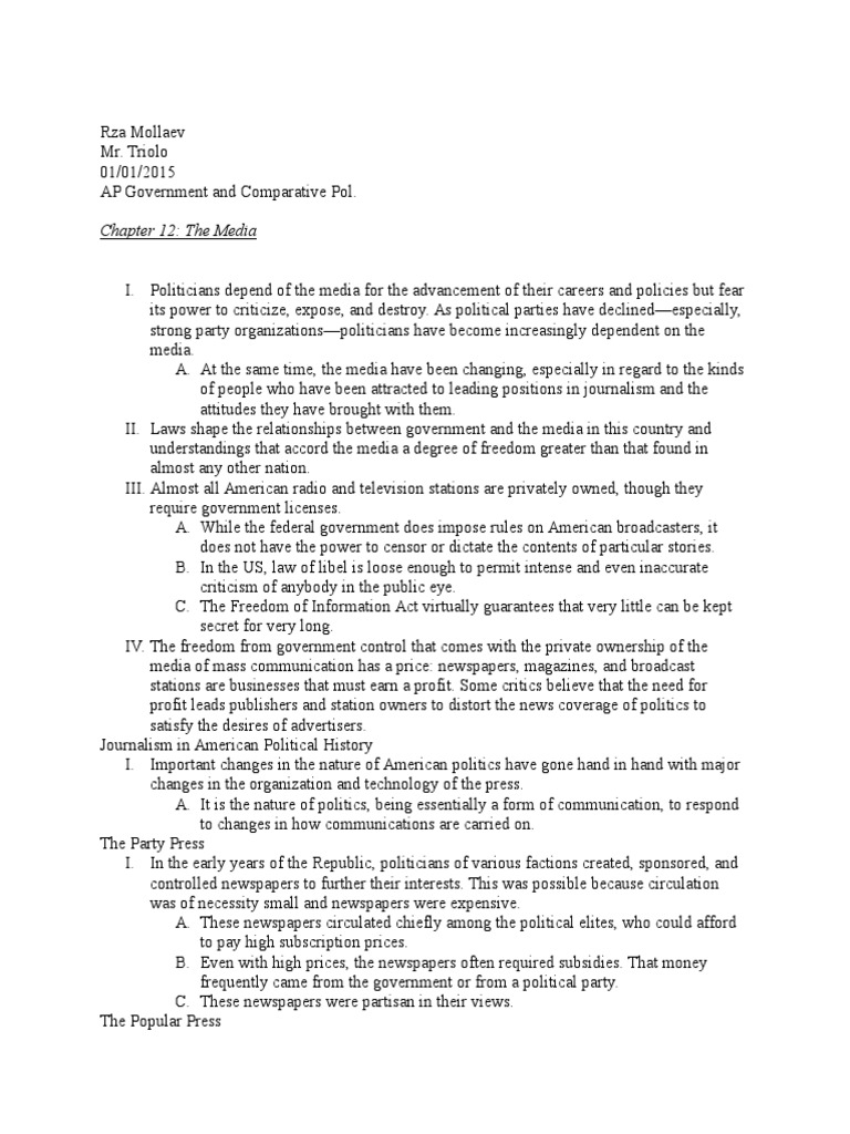 AP Gov Chapter 12 Outline | PDF | News | Mass Media