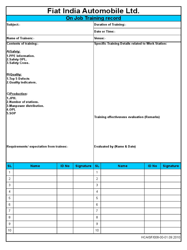 Automotive OJT Record Template | PDF | Car | Industrial Processes