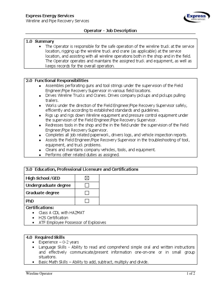 1335880673 Wireline Operator - Job Description | Safety | Truck