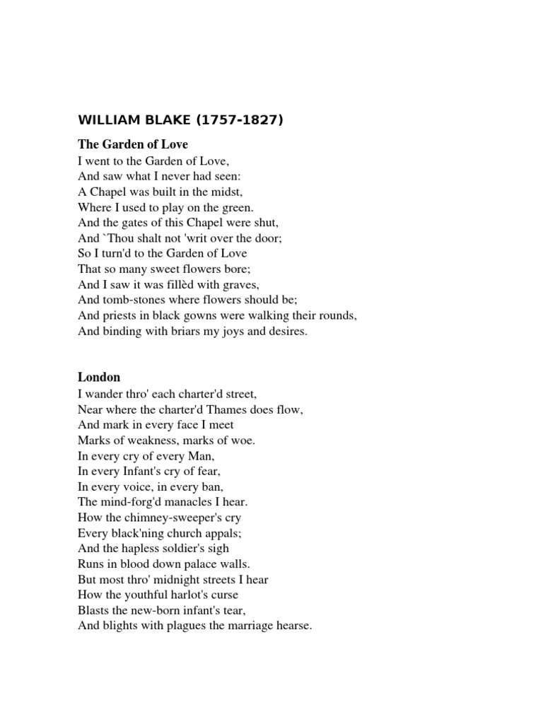 Blake's Garden of Love and London Sorrow | PDF