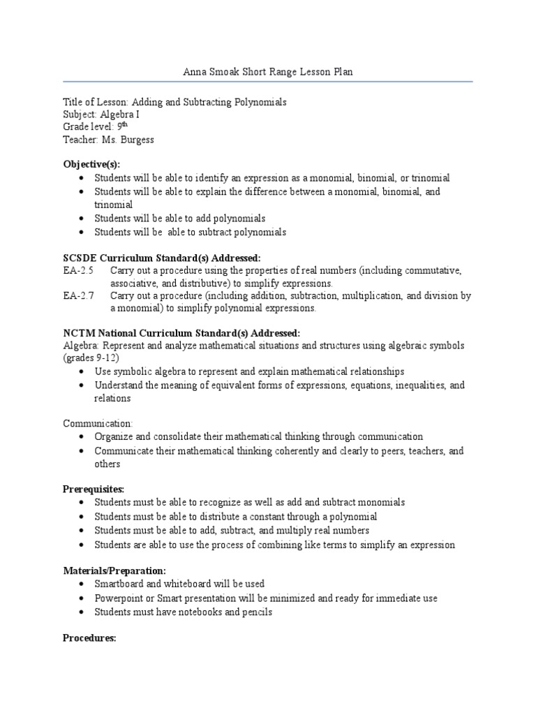 Adding and Subtracting Polynomials-Lesson Plan-AKS | PDF | Polynomial | Algebra