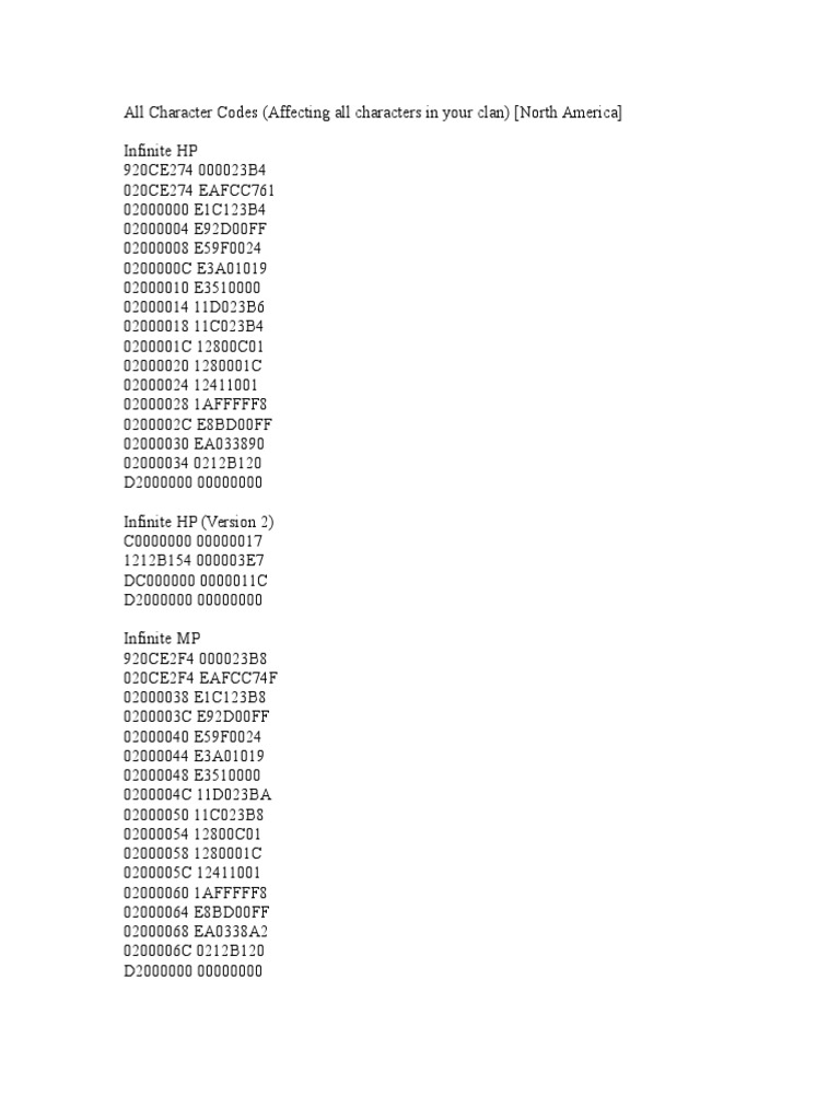 All Character Codes | PDF | Electronic Games | Entertainment