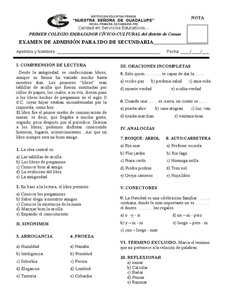 Examen De Admisión Para 2Do De Secundaria: Primer Colegio Embajador Cívico-Cultural Del Distrito ...