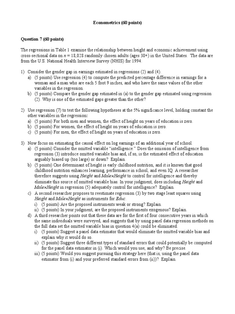 Honorsexam 2011 Econometrics Pdf Pdf Dependent And Independent Variables Regression Analysis