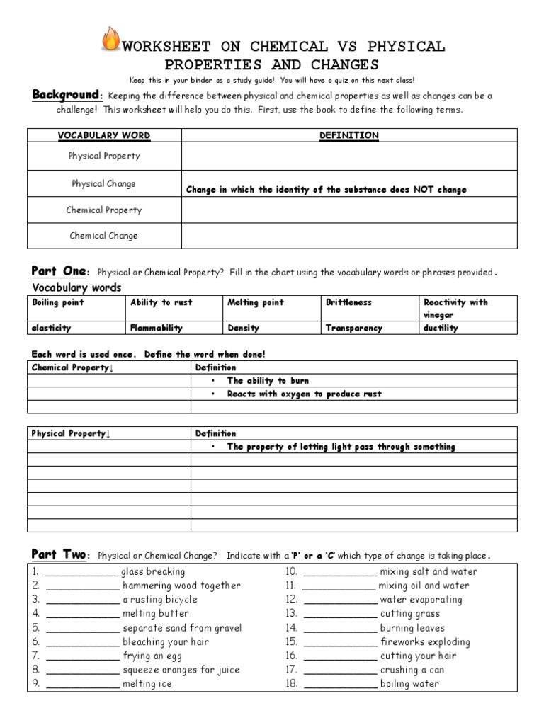 Physical and Chemical Changes Worksheet | PDF | Chemical Substances ...