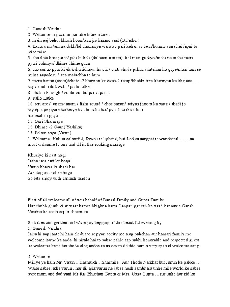 Mahila Sangeet Anchoring Script | PDF