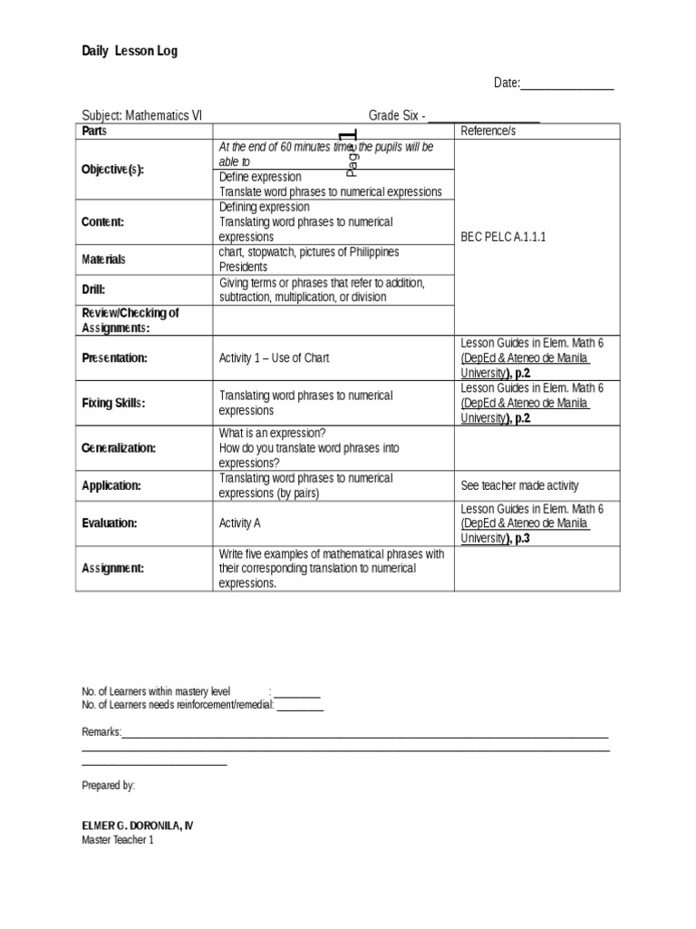 DLL in Math 6 | PDF | Subtraction | Multiplication