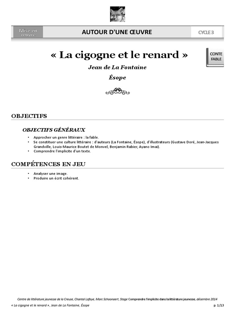 La Cigogne Et Le Renard Jean de La Fontaine, Ésope | Download Free PDF ...