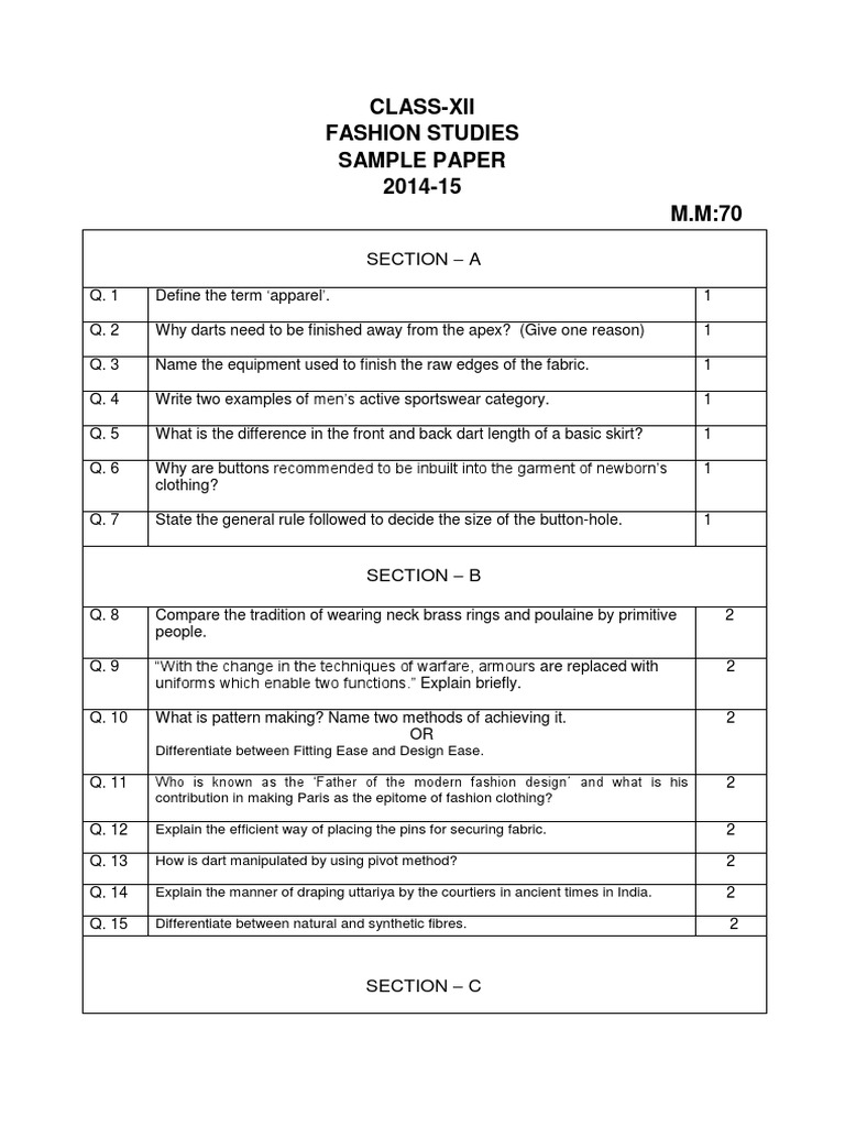 Class-Xii Fashion Studies Sample Paper 2014-15 M.M:70: Section - A ...