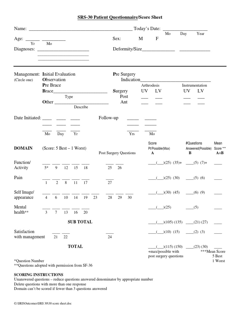 SRS-30 Patient Score Sheet | PDF