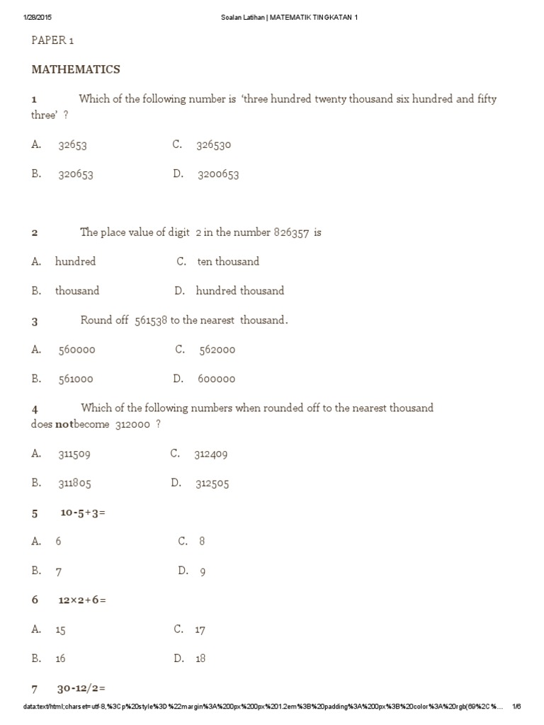 Soalan Latihan - Matematik Tingkatan 1 | PDF | Numbers | Teaching ...