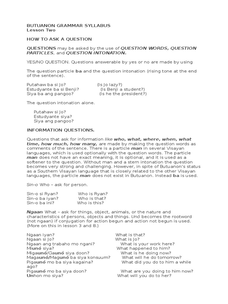 Lesson 2 - Butuanon Dialect | PDF | Question | Languages