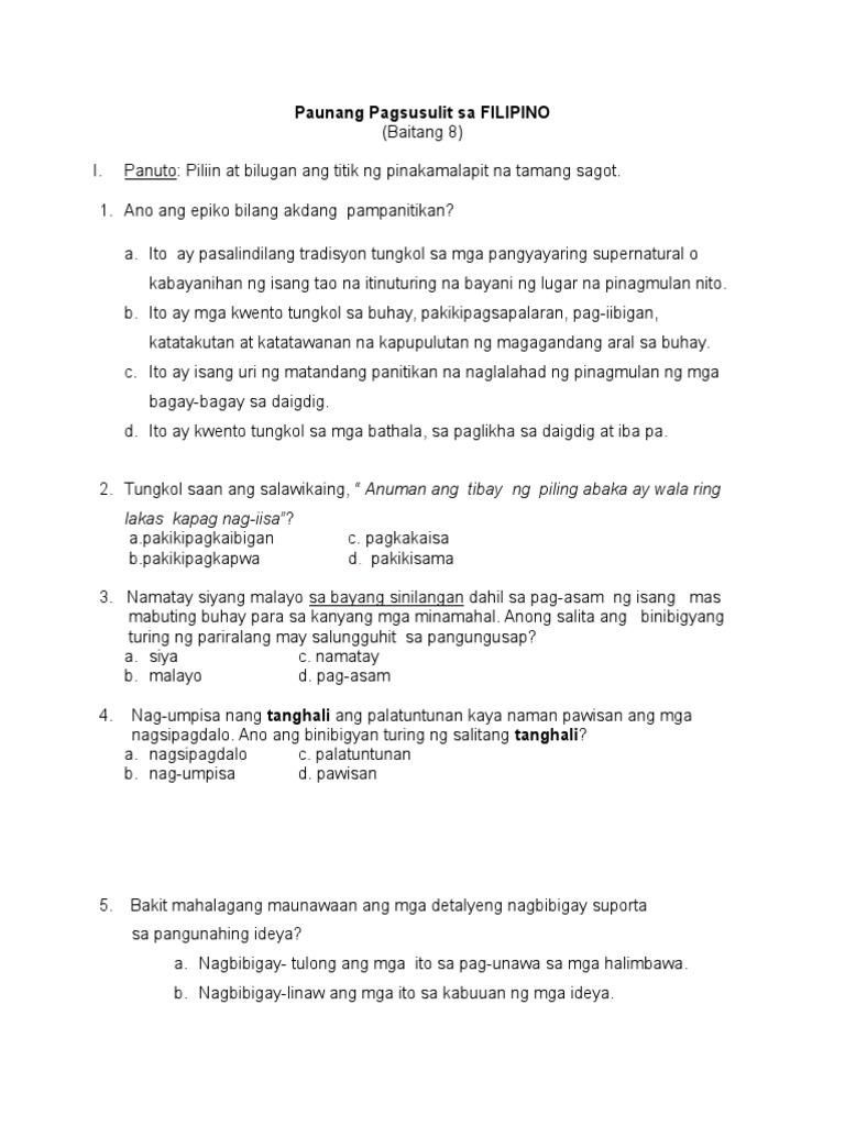 Paunang Pagsusulit Sa FILIPINO 8 | PDF
