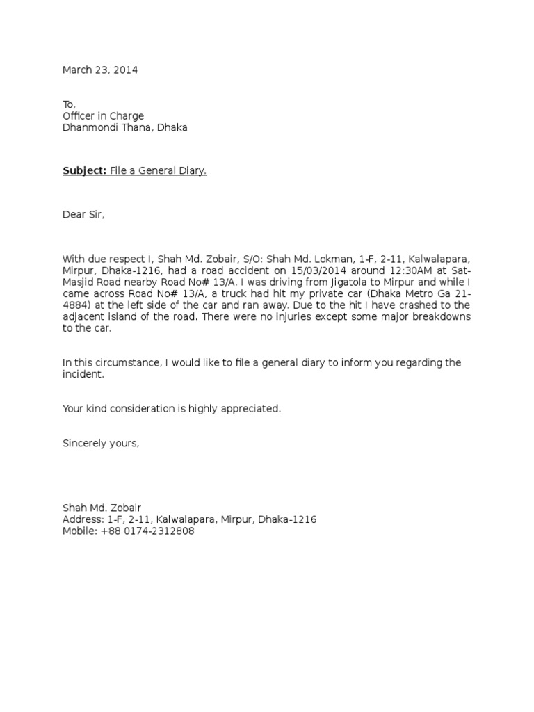 General Diary Entry for Road Accident | PDF