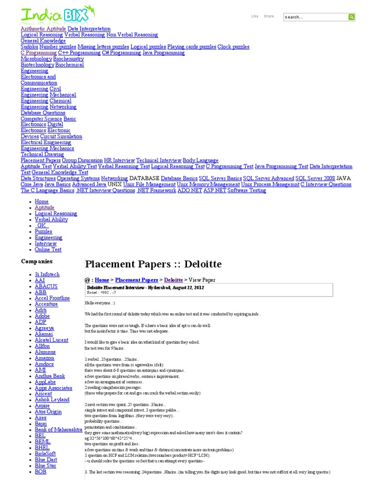 Deloitte Placement Papers | PDF | Engineering | Computer Programming