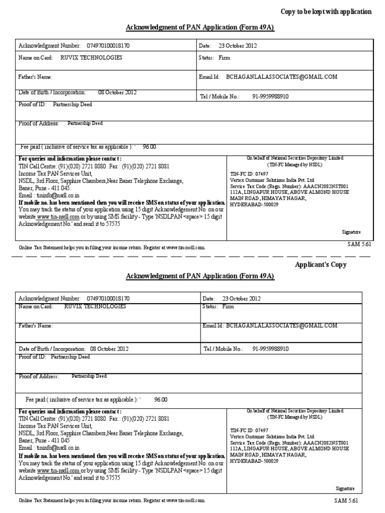 Acknowledgment of PAN Application (Form 49A) | PDF