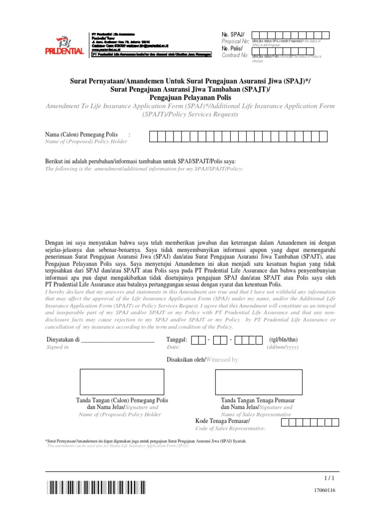 Amandemen SPAJ Prudential | PDF | Asuransi | Risiko Keuangan