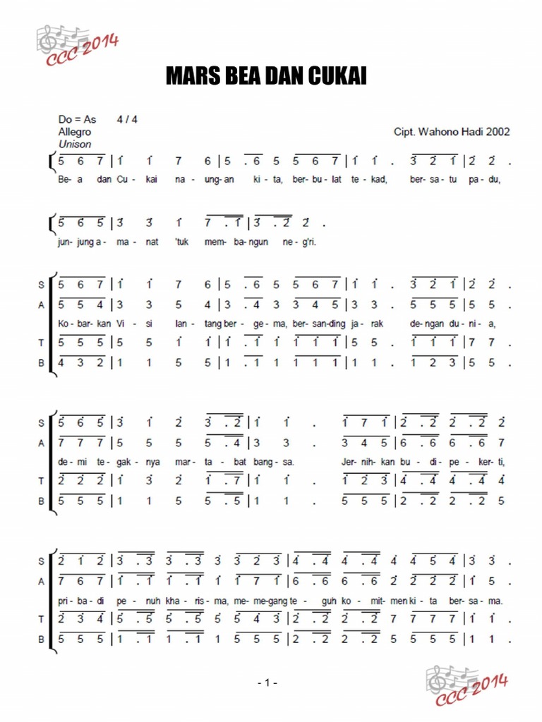 Partitur Mars Bea Dan Cukai (SATB) | PDF