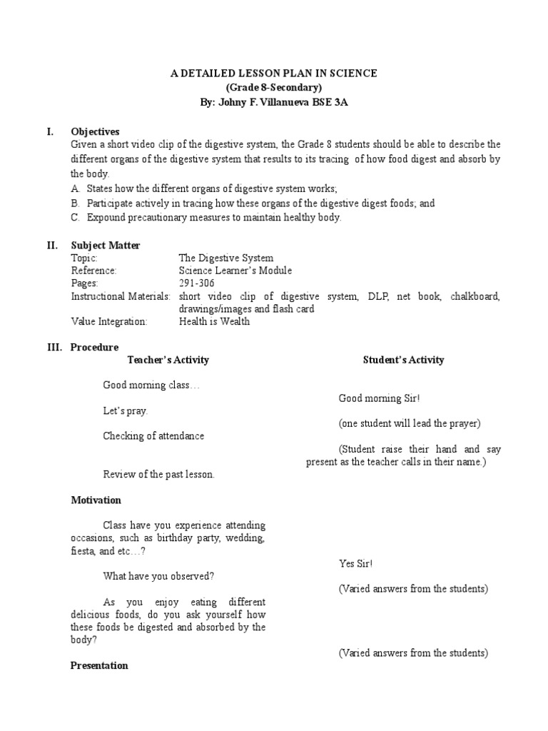 Grade 8 Digestive System Lesson Plan | PDF | Human Digestive System | Bile