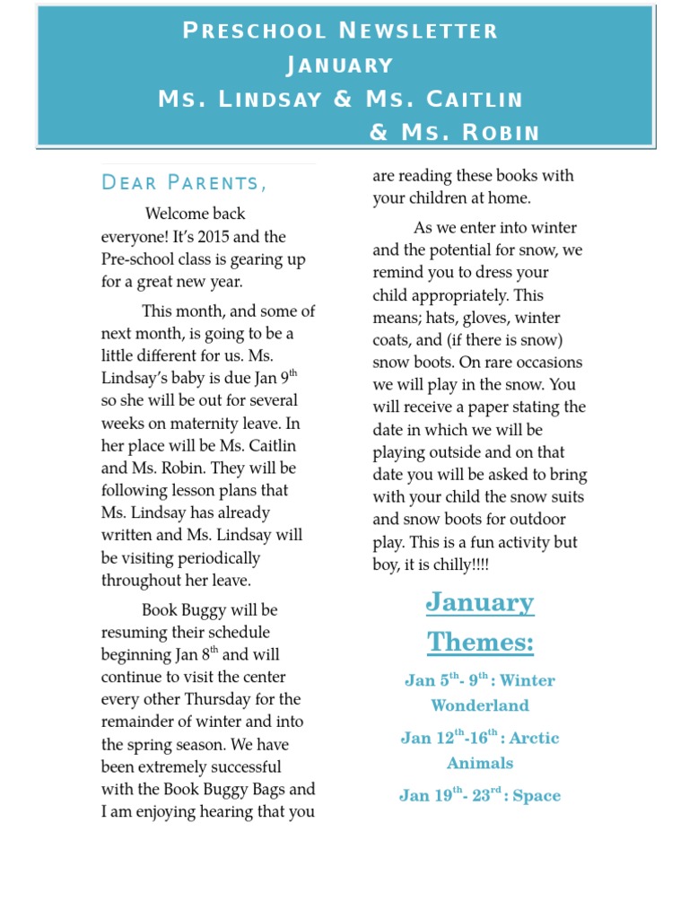January Preschool Newsletter 2015 | PDF