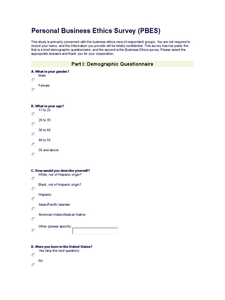 Personal Business Ethics Survey | PDF | Race And Ethnicity In The ...