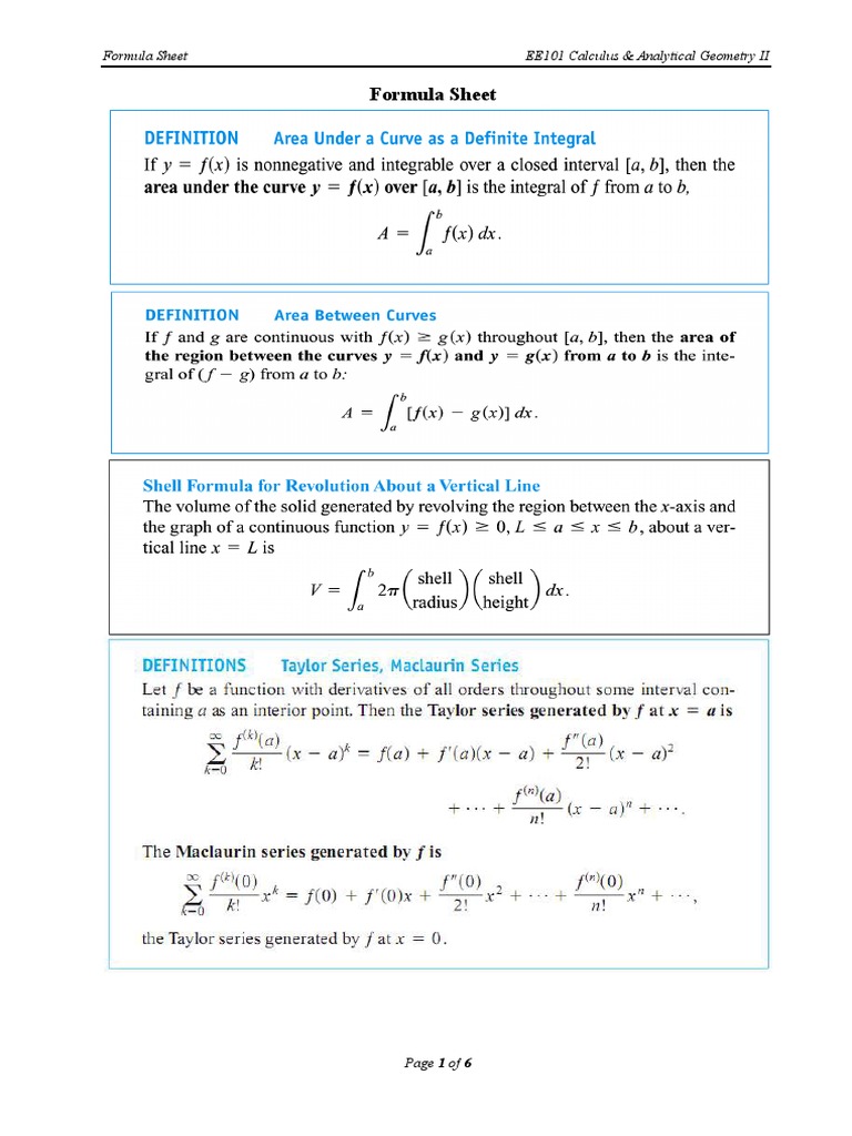 Formula Sheet EE101 Calculus & Analytical Geometry II | PDF