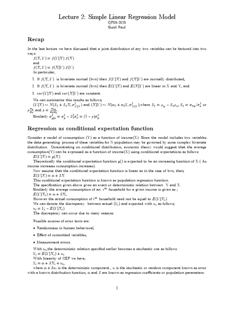 Lecture 2 Simple Linear Regression Model Recap Pdf Regression Analysis Errors And Residuals