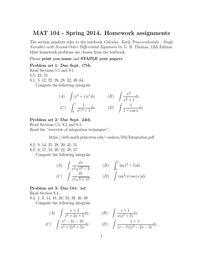 Princeton MAT 104 Fall 2014 Assignment List | PDF | Differential Calculus | Integral