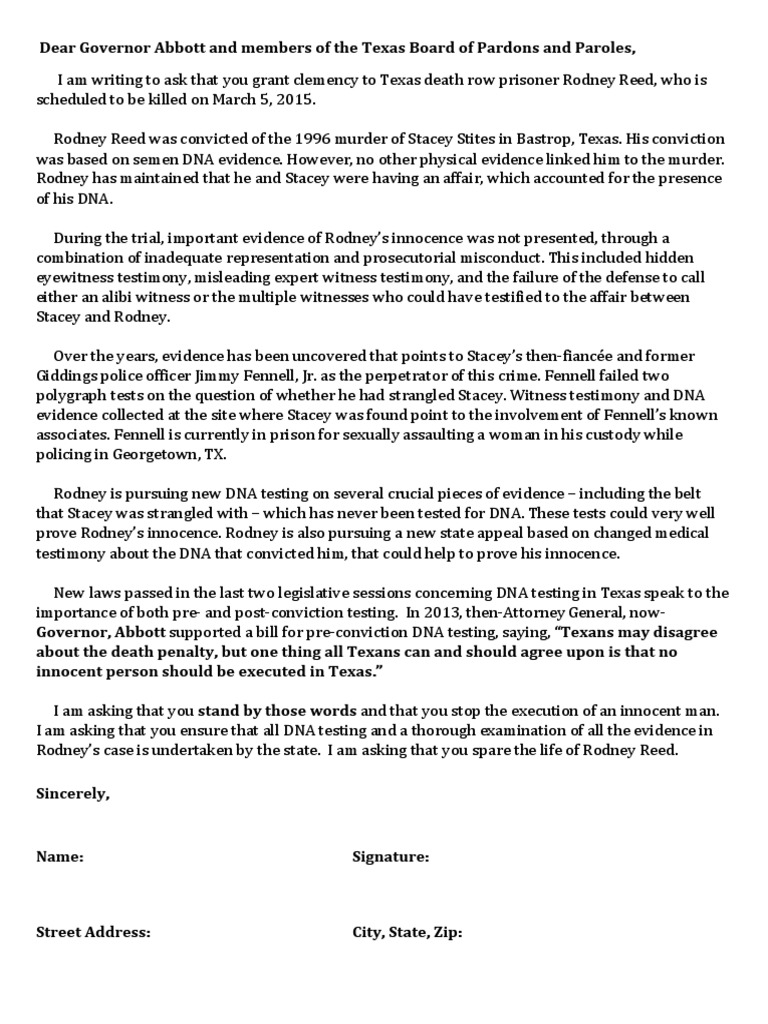 Rodney Reed Clemency Letter | Witness | Pardon | Free 30-day Trial | Scribd