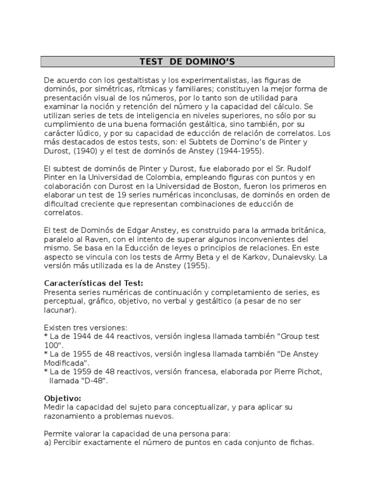 Test de Dominós: Evaluación Cognitiva | PDF | Ciencia cognitiva | Cognición