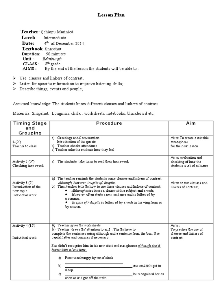 Plan de Lectie Clasa A 8-A - 4 Dec. 2014 | Semiotics | Pedagogy