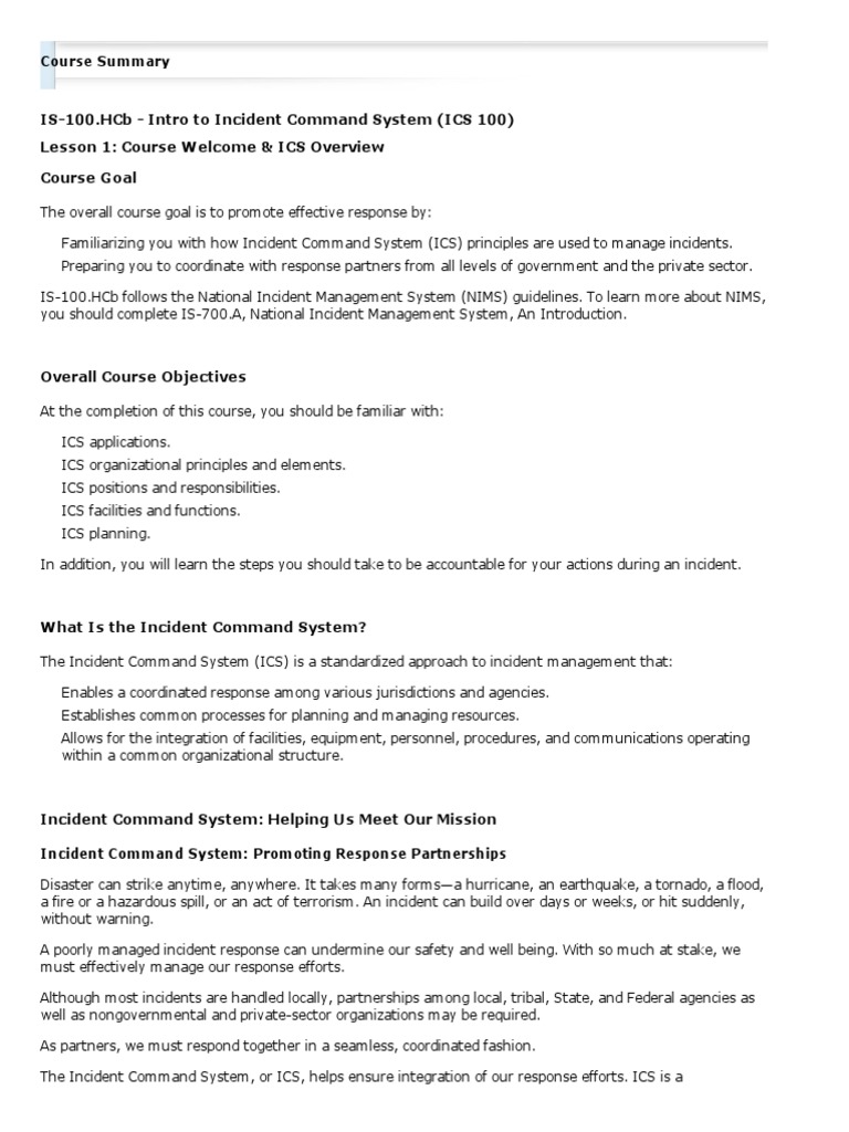 ICS 100 Course Overview | PDF | Incident Command System | Incident ...