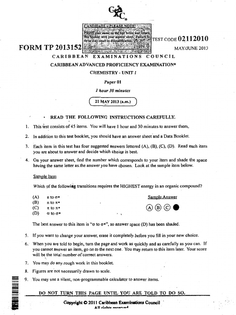 CAPE Chemistry 2013 U1 P1 | PDF