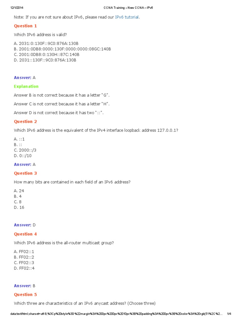 CCNA - IPv6 Questions | PDF | I Pv6 | Wide Area Network
