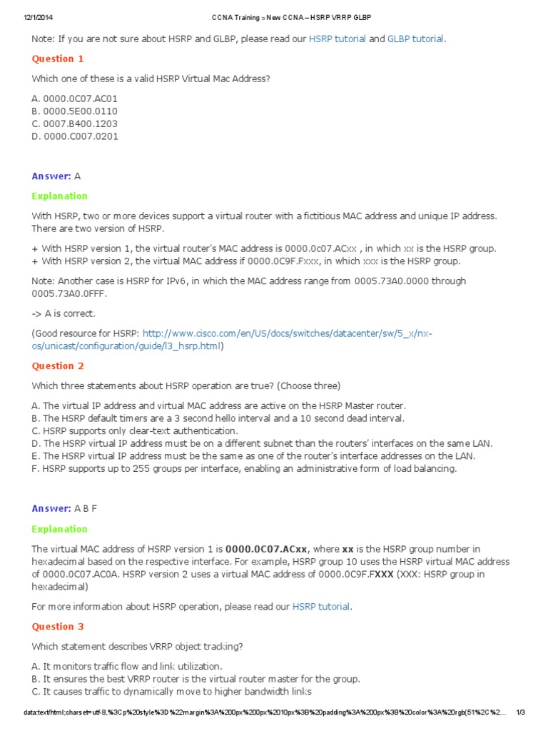 Ccna - HSRP VRRP GLBP Questions | PDF | Internet Protocols | Computer ...