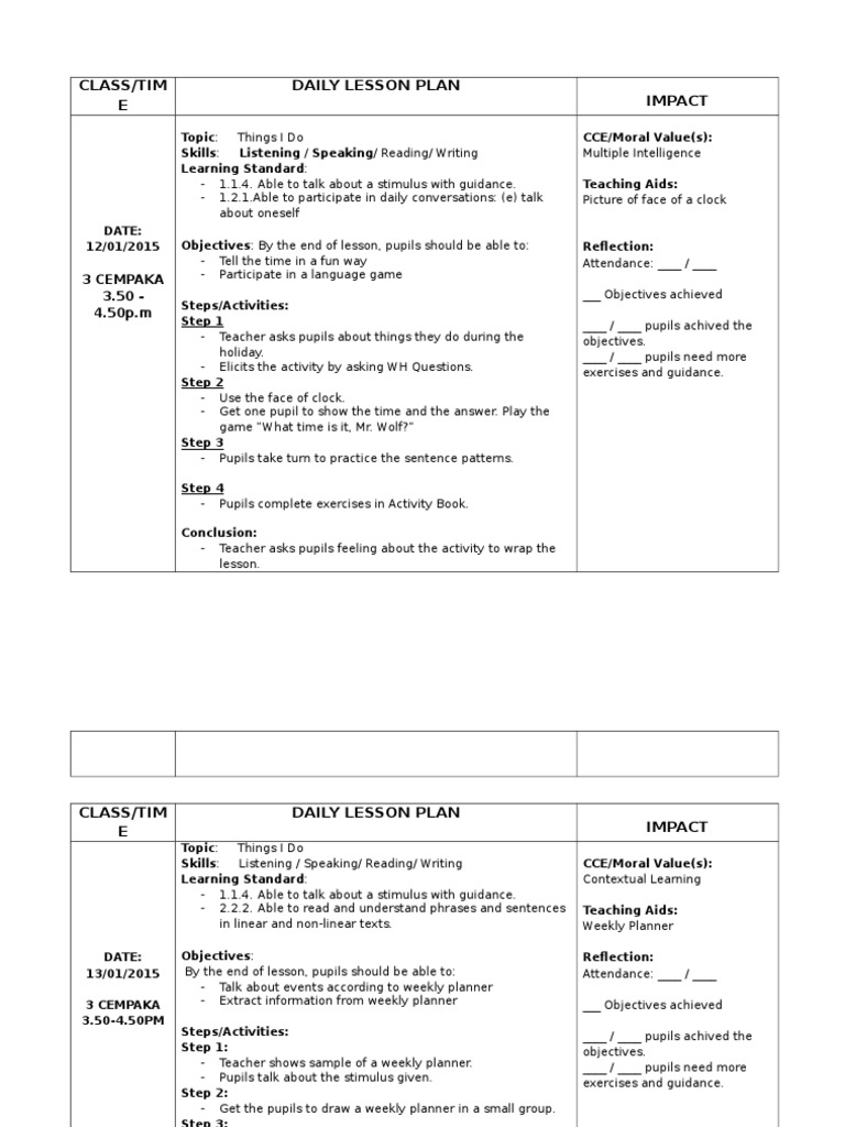 Year 3 English RPH Things I Do | PDF | Lesson Plan | Reading (Process)