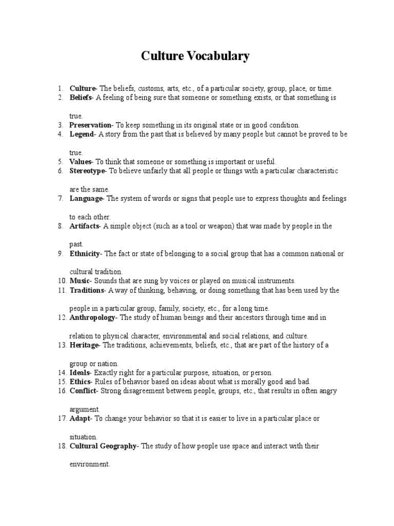 Culture Vocabulary Definitions Guide | PDF