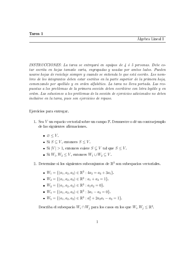 Tarea de Álgebra Lineal | PDF | Espacio vectorial | Subespacio lineal