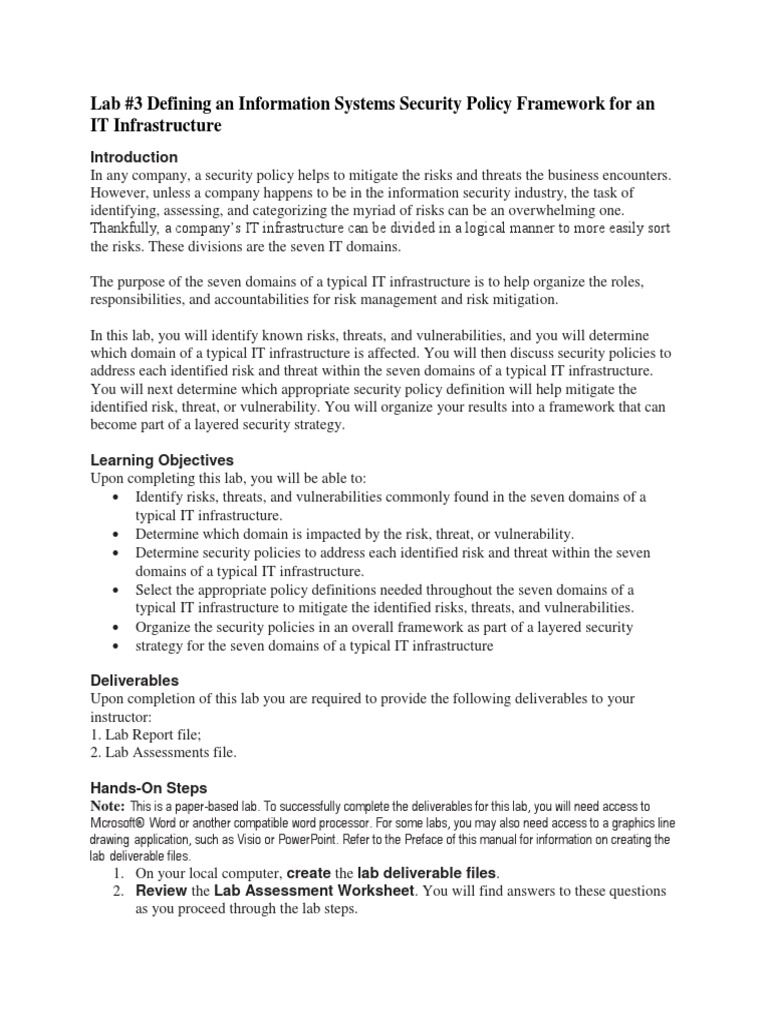 Lab3 - Information Systems Security Policy FW | PDF | Vulnerability (Computing) | Threat (Computer)