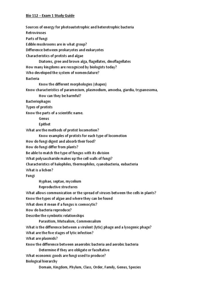 Bio 112 Exam 1 Study Guide | PDF | Fungus | Taxa